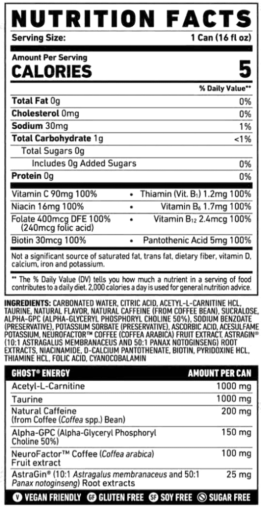 Ghost Energy Drink Nutrition Label - Health Benefited